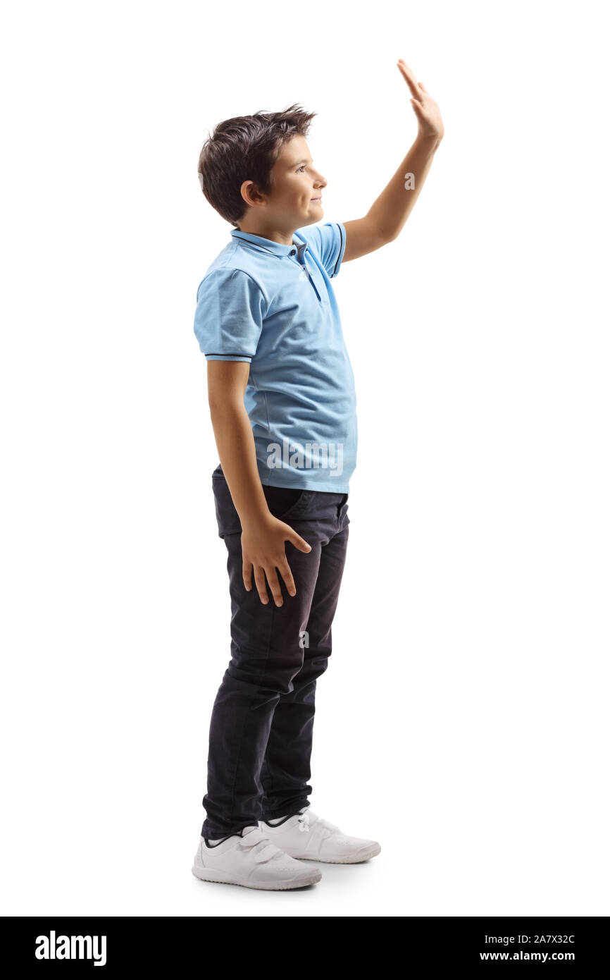 Full length shot of a boy gesturing high-five isolated on white ...