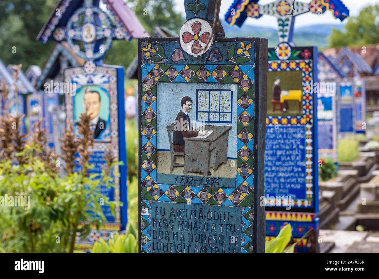Painted headstone on Cimitirul Vesel - Merry Cemetery, famous cemetery ...
