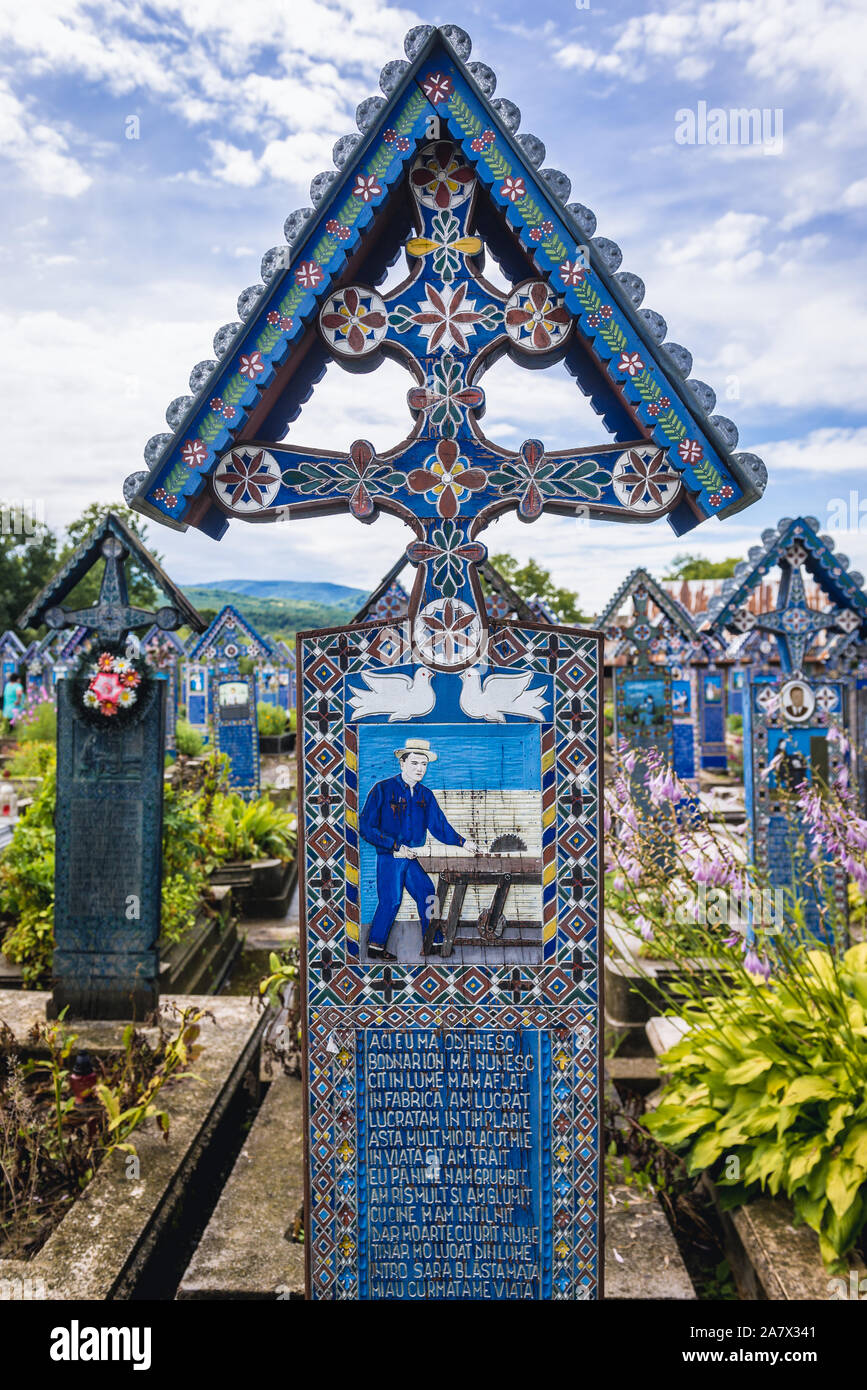 Painted headstone on Cimitirul Vesel - Merry Cemetery, famous cemetery ...