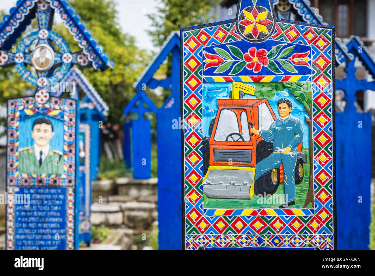 Painted headstone on Cimitirul Vesel - Merry Cemetery, famous cemetery ...