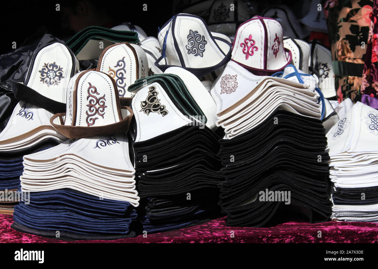 Traditional felt hats for sale at Osh Bazaar in Kyrgyzstan Stock Photo ...