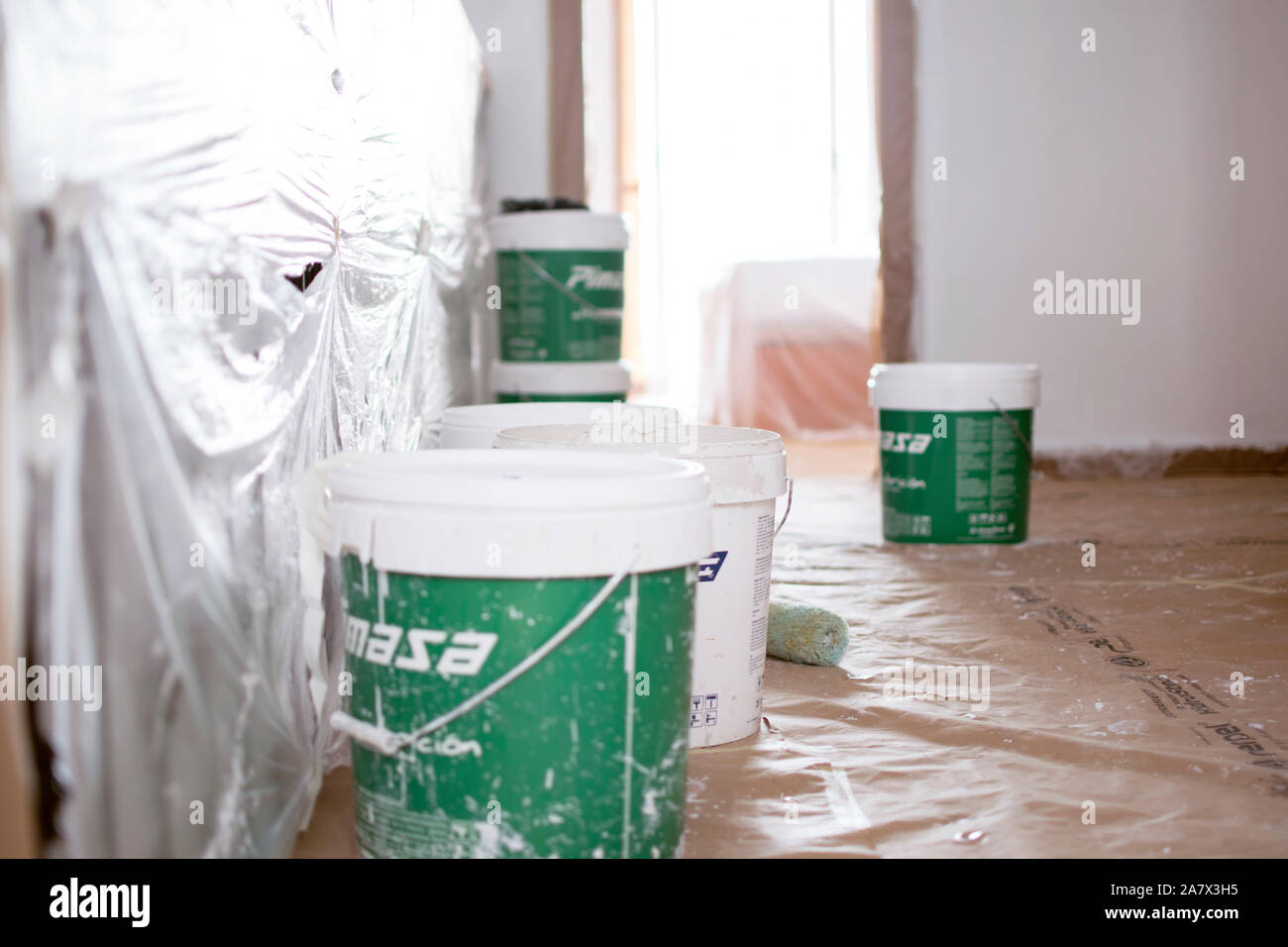 Murcia, Spain, October 28, 2019: Wall painting. Preparing tools for ...