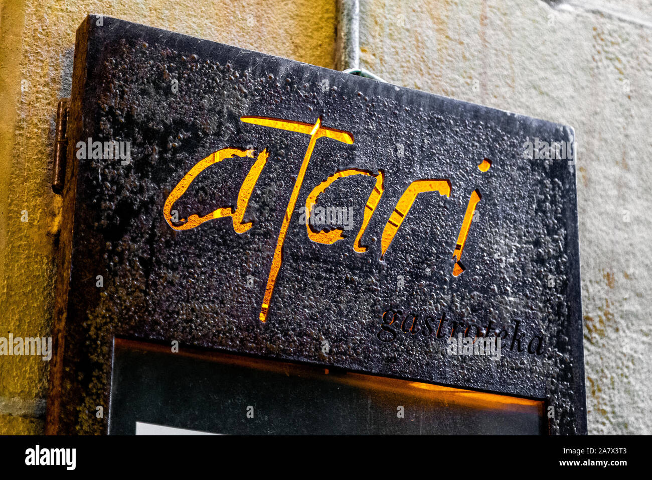 Sign for Atari Gastroteka pintxos restaurant in the old town of San ...