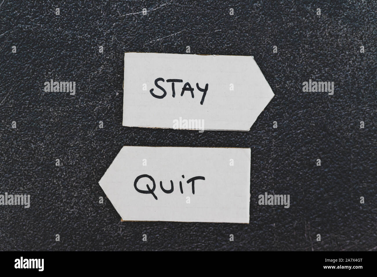 changing job conceptual still-life, stay vs quit text on signs pointing ... changing job conceptual still-life, stay vs quit text on signs pointing ...