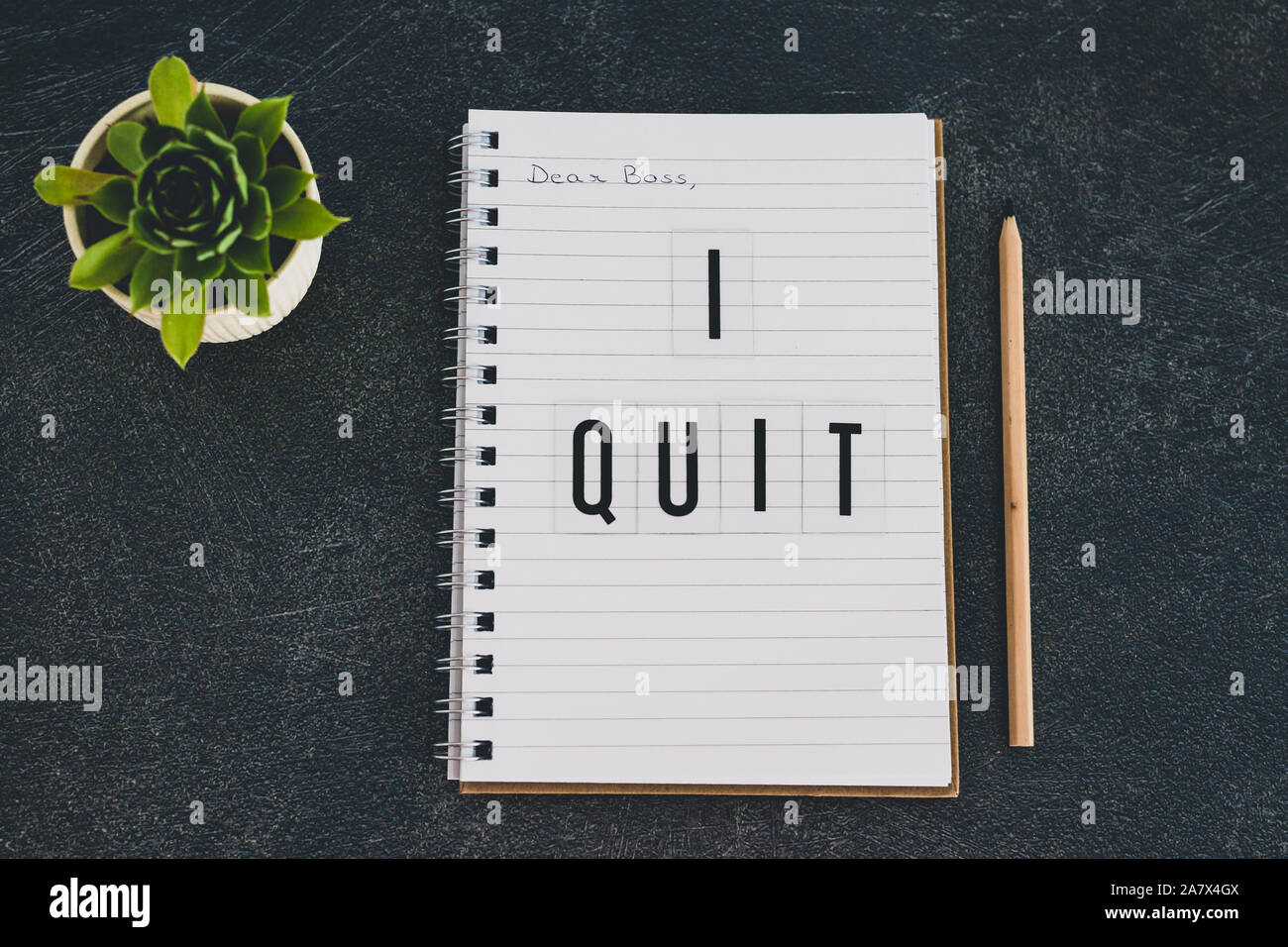 leaving a corporate job conceptual still-life, dear boss I quit message ...