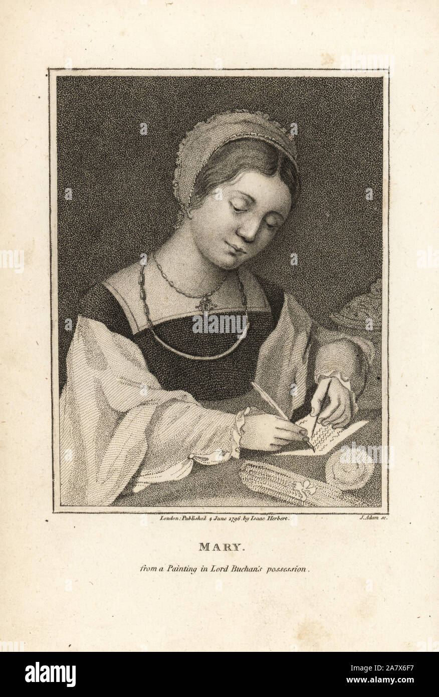 Mary Queen of Scots, writing a letter with a quill pen, from a portrait ...