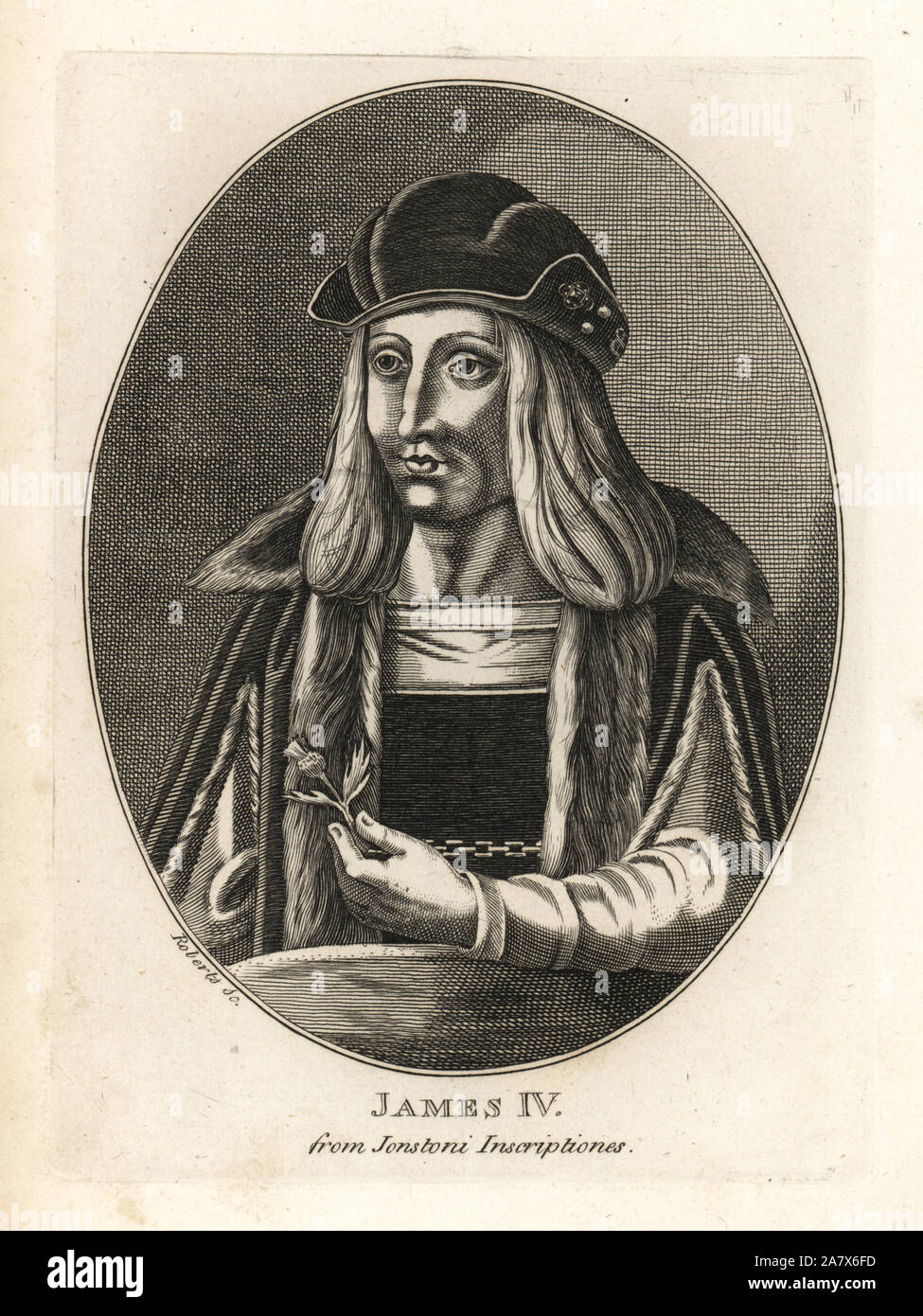 King James IV of Scotland, holding a thistle in his hand, from a ...