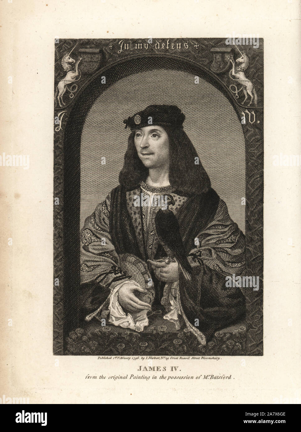 King James IV of Scotland, with a falcon on his fist. From a portrait ...