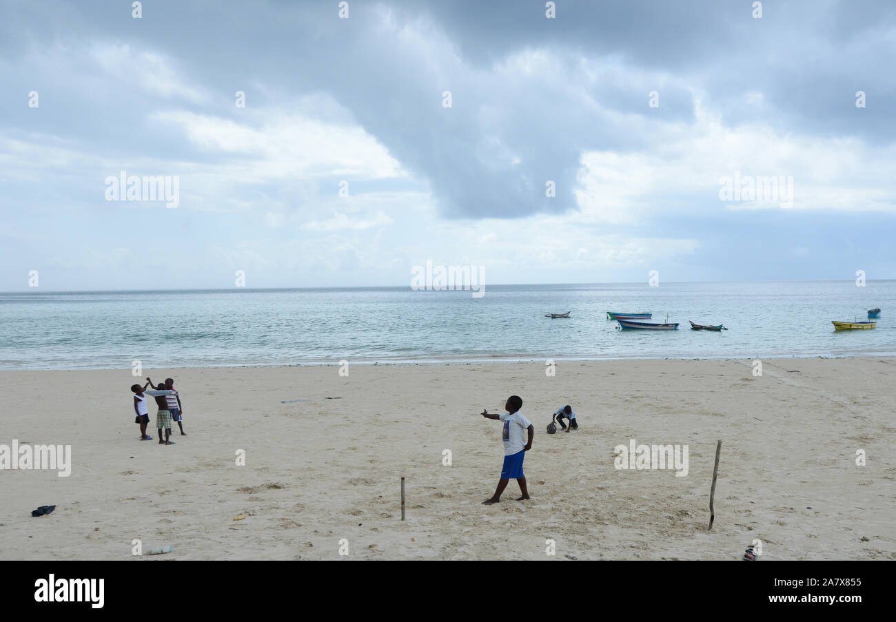 Comoran boys playing football on Mitsamiouli beach in Comoros Stock ...
