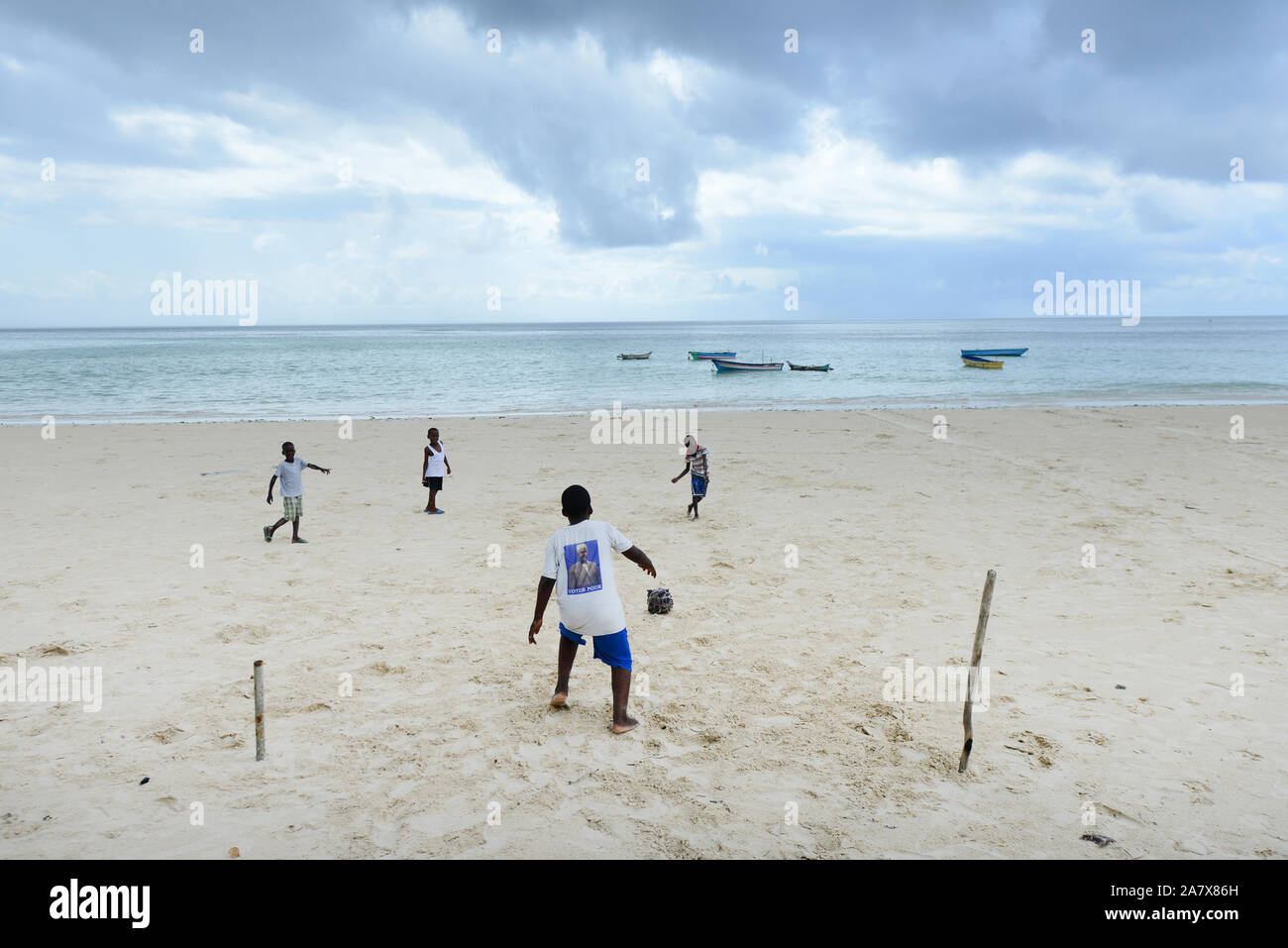 Comoran boys playing football on Mitsamiouli beach in Comoros Stock ...