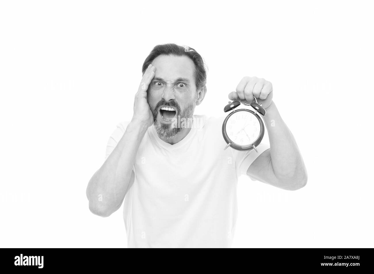 Hate Being Late Man Hold Alarm Clock In Hand Guy Bearded Mature Man