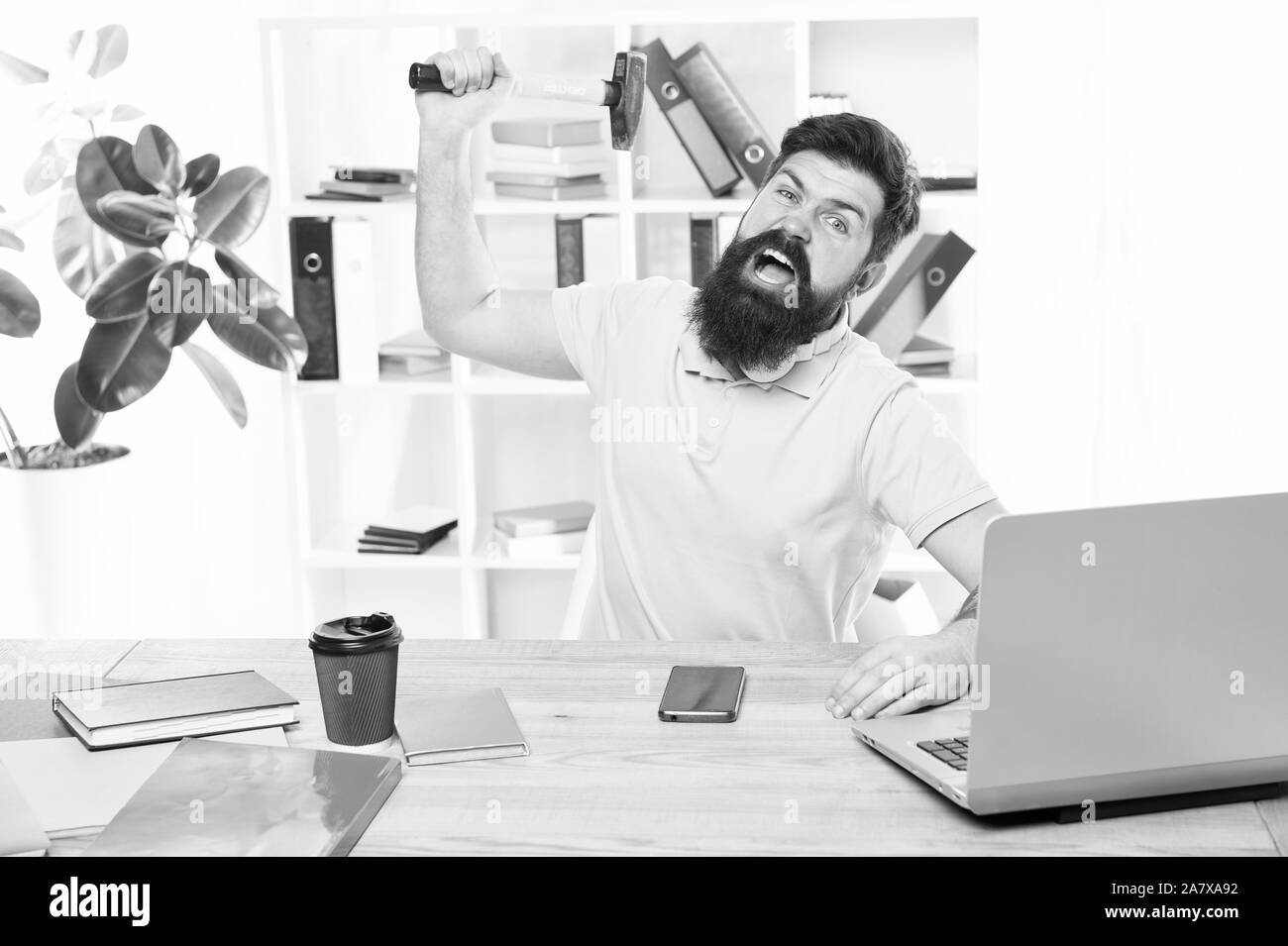 Office life makes him crazy. Businessman with beard and mustache gone ...
