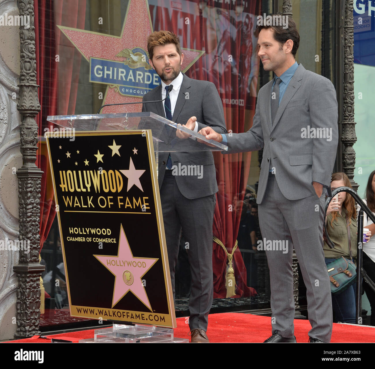 LOS ANGELES, CA - JULY 1, 2015: Actors Paul Rudd & Adam Scott (left) on ...