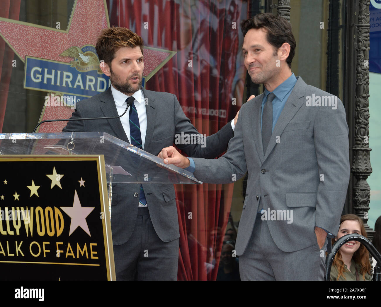 LOS ANGELES, CA - JULY 1, 2015: Actors Paul Rudd & Adam Scott (left) on ...
