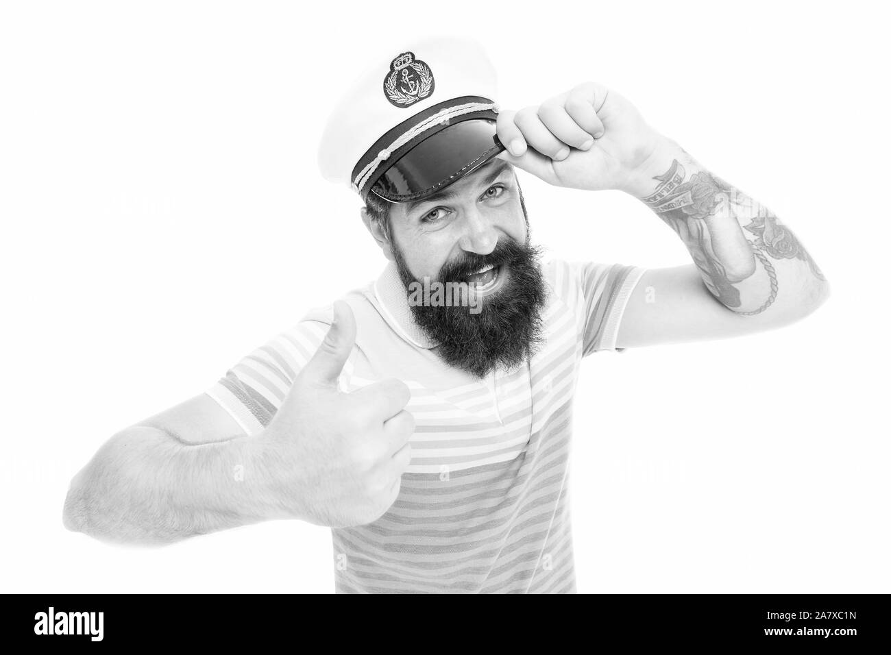 Brutal seaman isolated on white. Captain concept. Welcome aboard ...