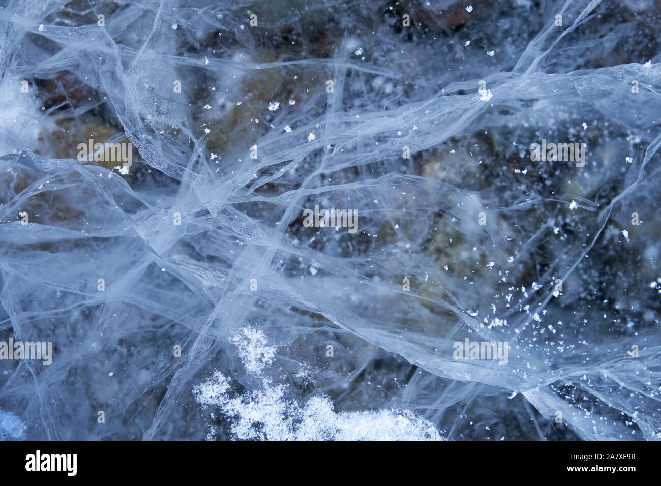 Texture of hoarfrost crystals over river ice. Natural winter snow ...