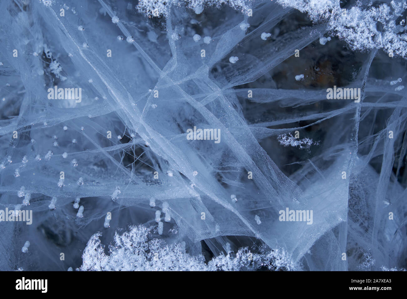 Texture of hoarfrost crystals over river ice. Natural winter snow ...