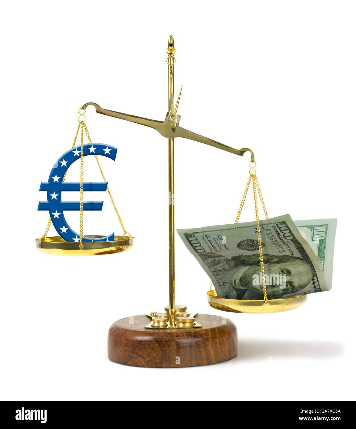United States one hundred dollar bill on a scale outweighing a Euro ...