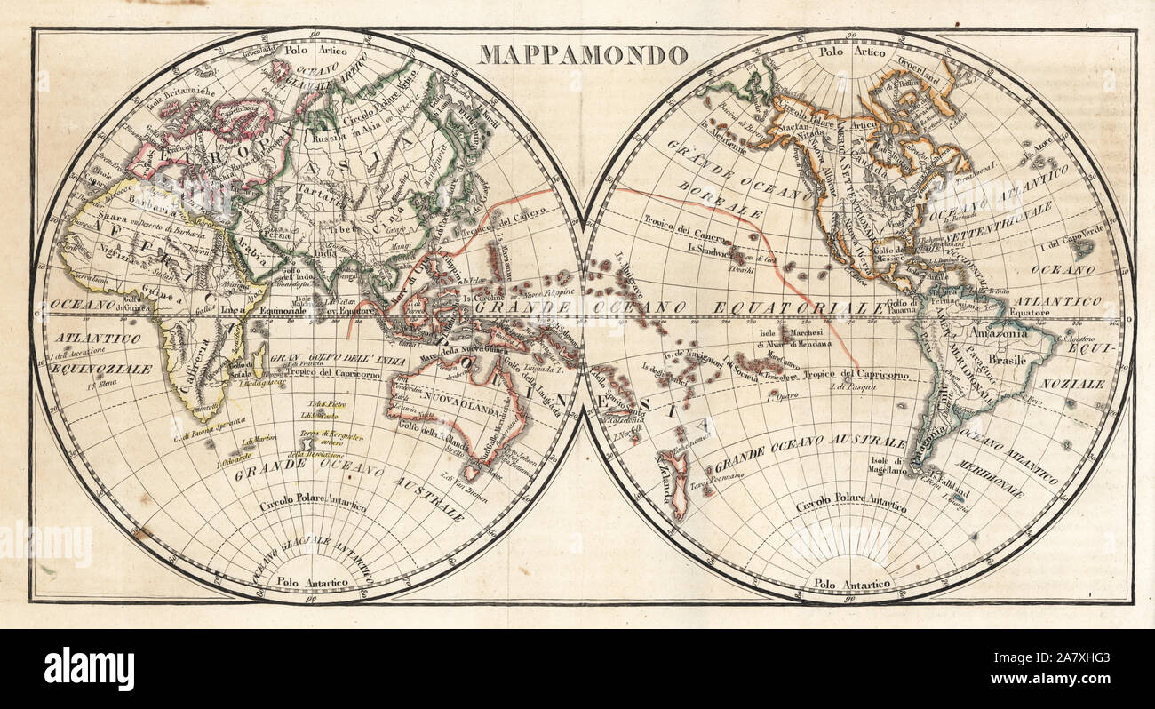 Map of the world circa 1810. Handcoloured copperplate engraving by ...
