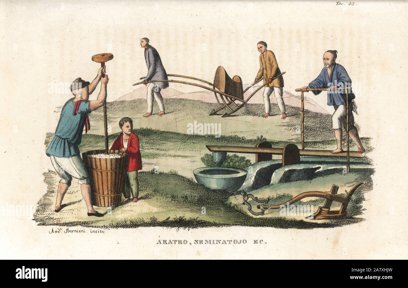 Chinese agriculture. Peasants planting a field with a seeding machine ...
