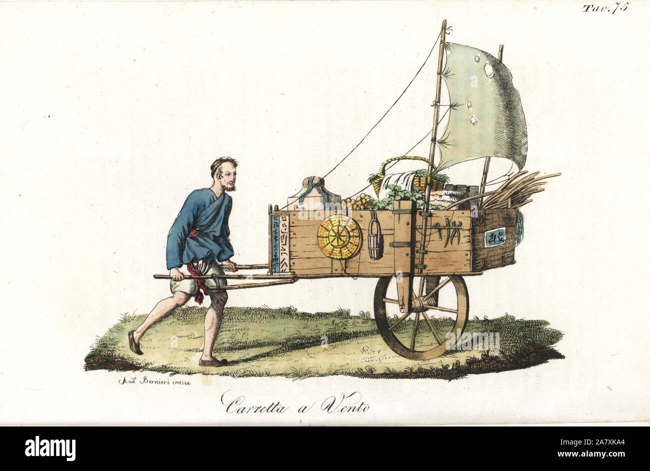 Chinese itinerant merchant with cart loaded with food products ...