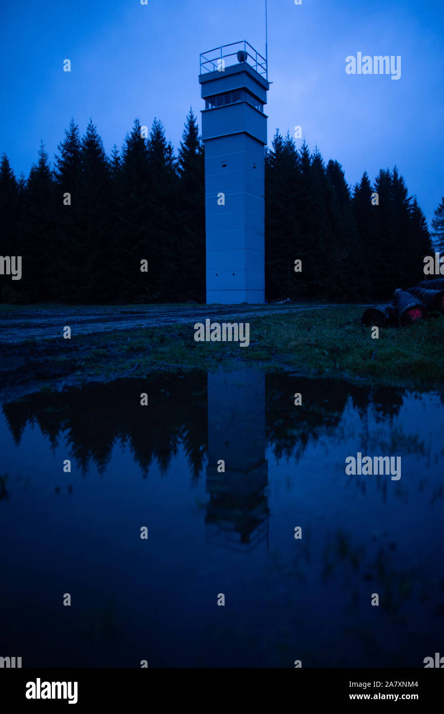 Sorge, Germany. 04th Nov, 2019. A former observation tower is reflected ...