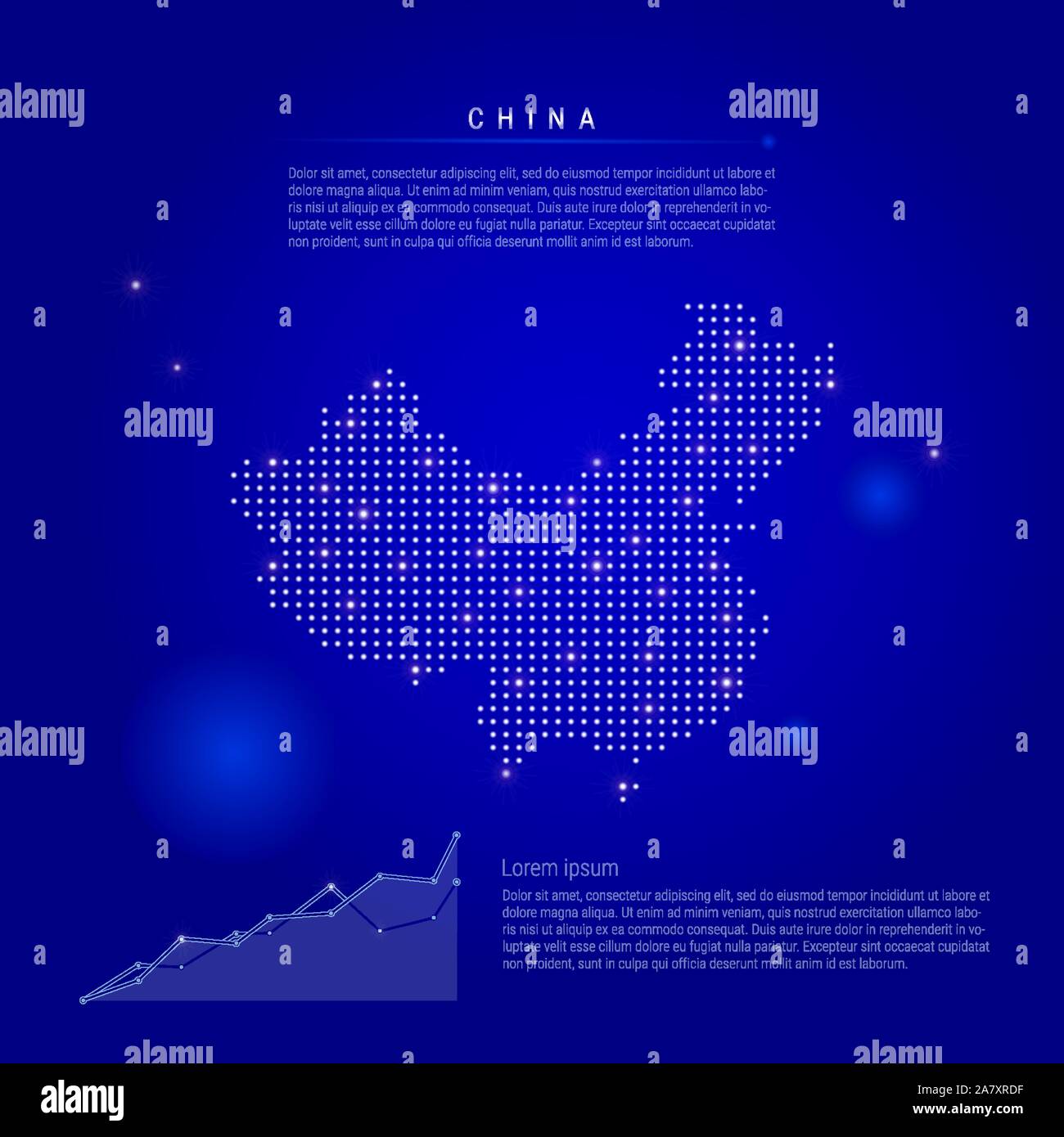 China illuminated map with glowing dots. Dark blue space background ...