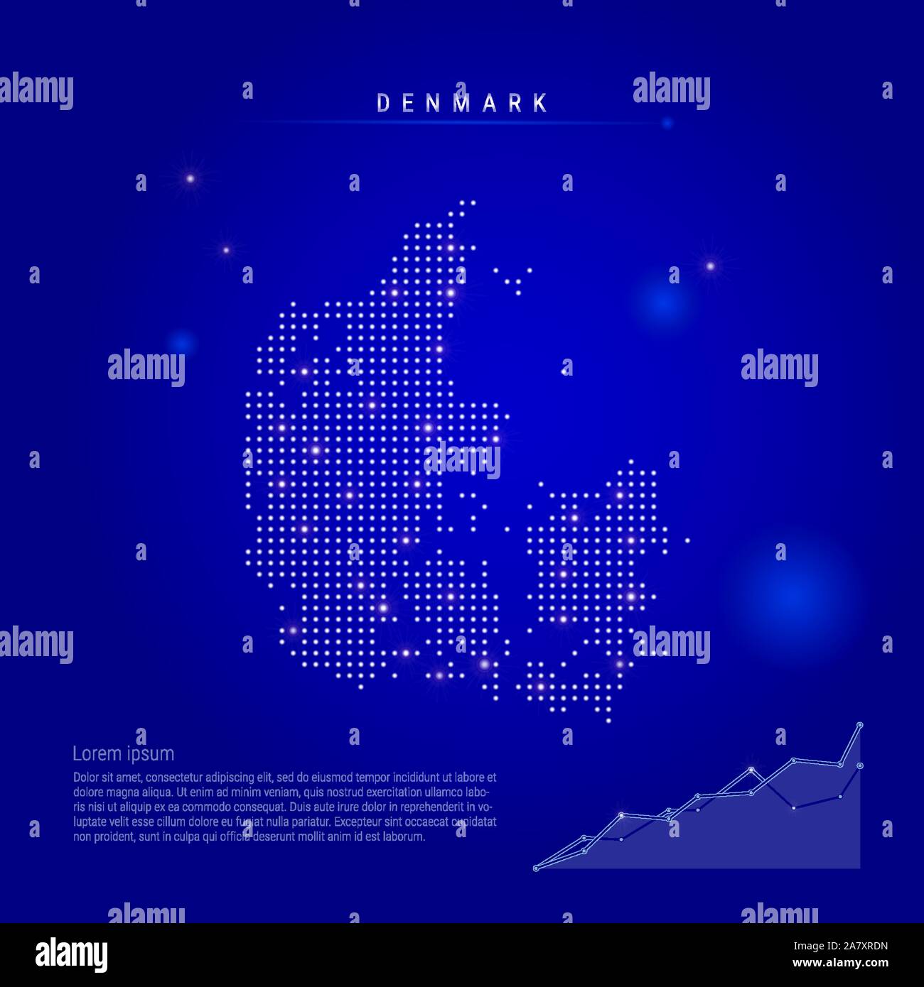 Denmark illuminated map with glowing dots. Dark blue space background ...