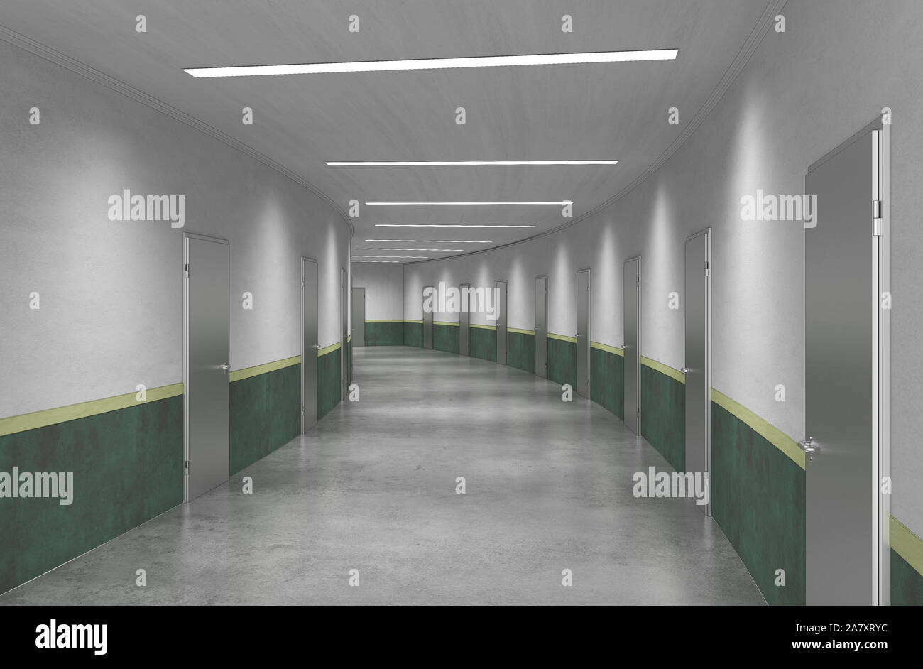 long corridor with doors, interior visualization, 3D illustration Stock ...