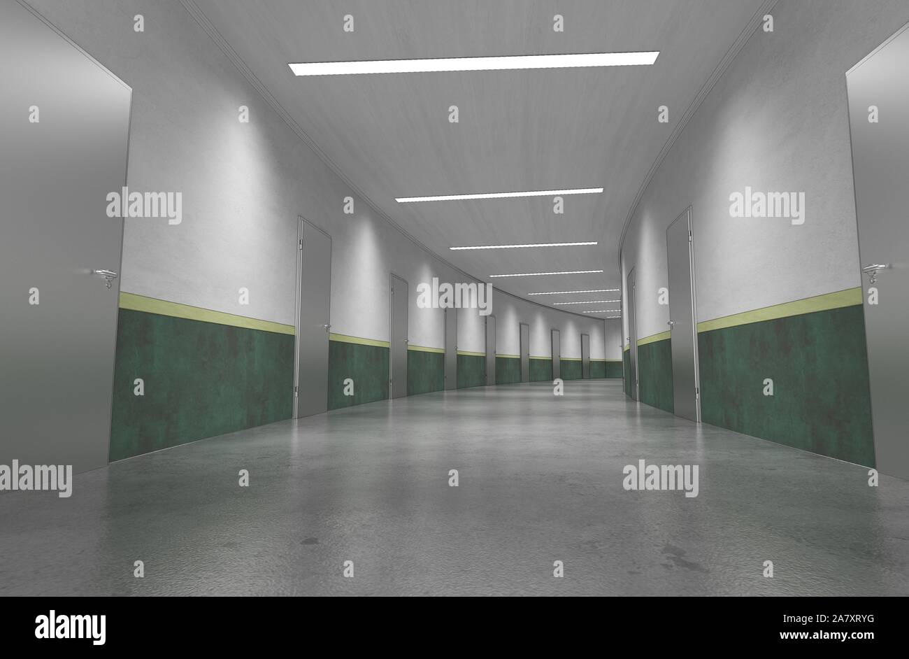 long corridor with doors, interior visualization, 3D illustration Stock ...