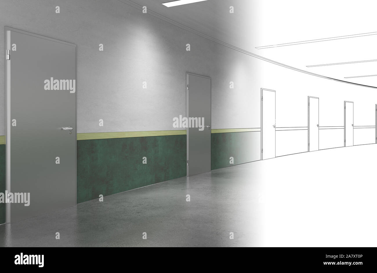 long corridor with doors, interior visualization, 3D illustration Stock ...