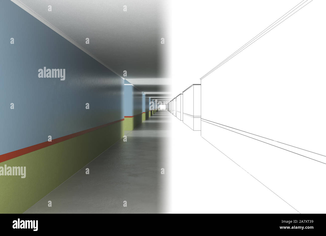 long corridor with doors, interior visualization, 3D illustration Stock ...