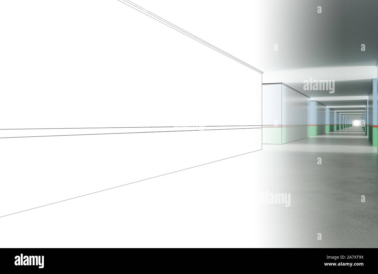 long corridor with doors, interior visualization, 3D illustration Stock ...