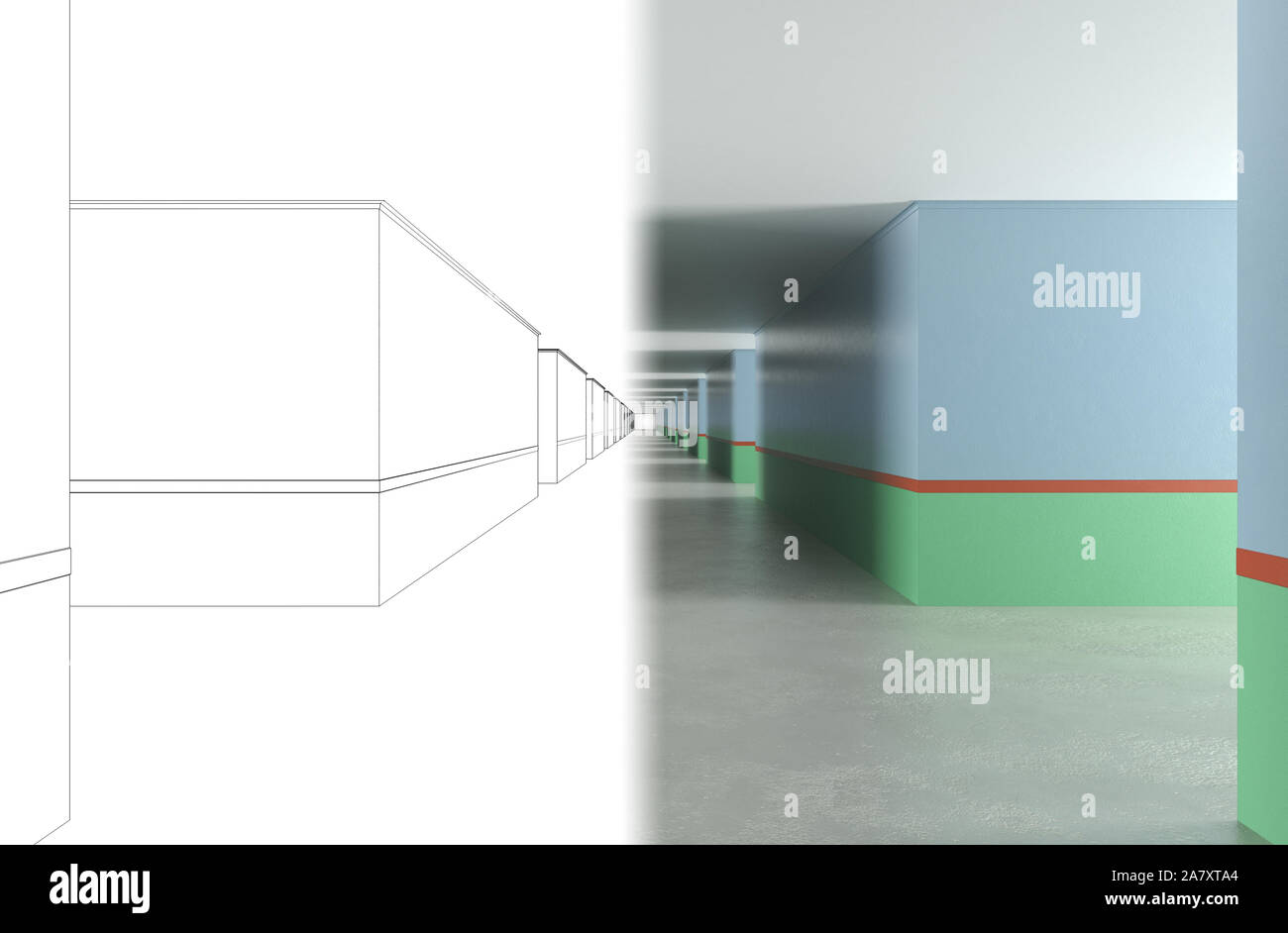 long corridor with doors, interior visualization, 3D illustration Stock ...