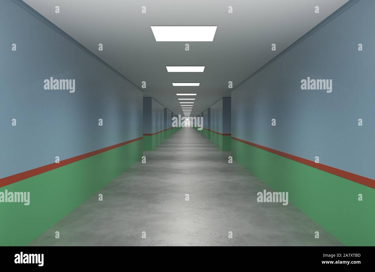 long corridor with doors, interior visualization, 3D illustration Stock ...