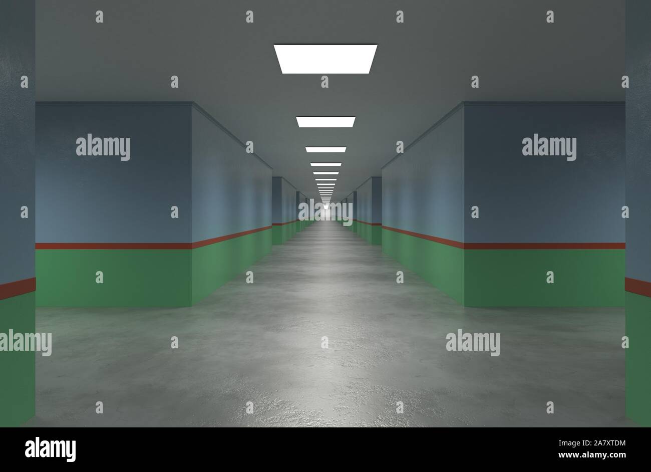 long corridor with doors, interior visualization, 3D illustration Stock ...
