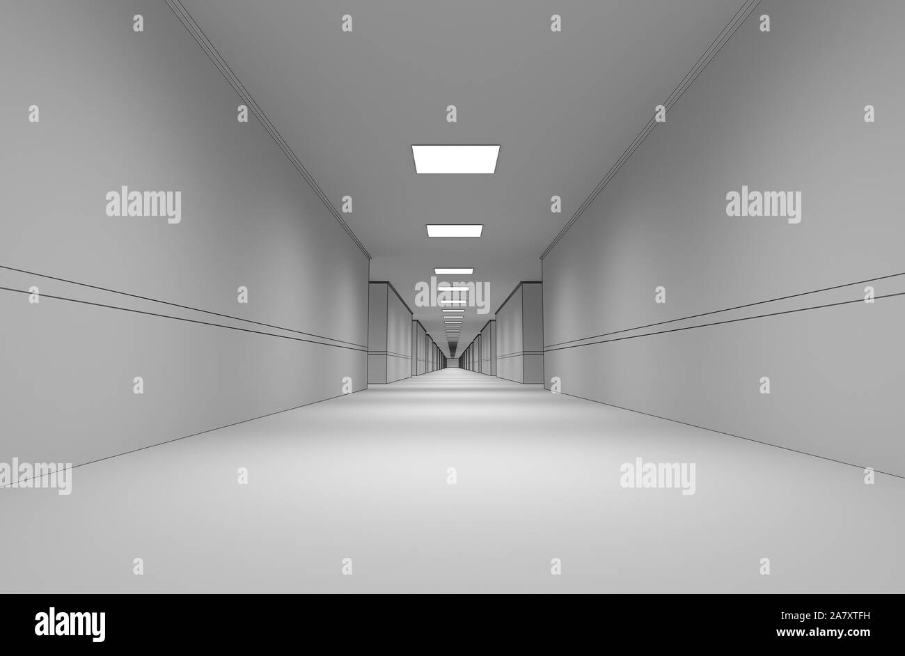 long corridor with doors, interior visualization, 3D illustration Stock ...