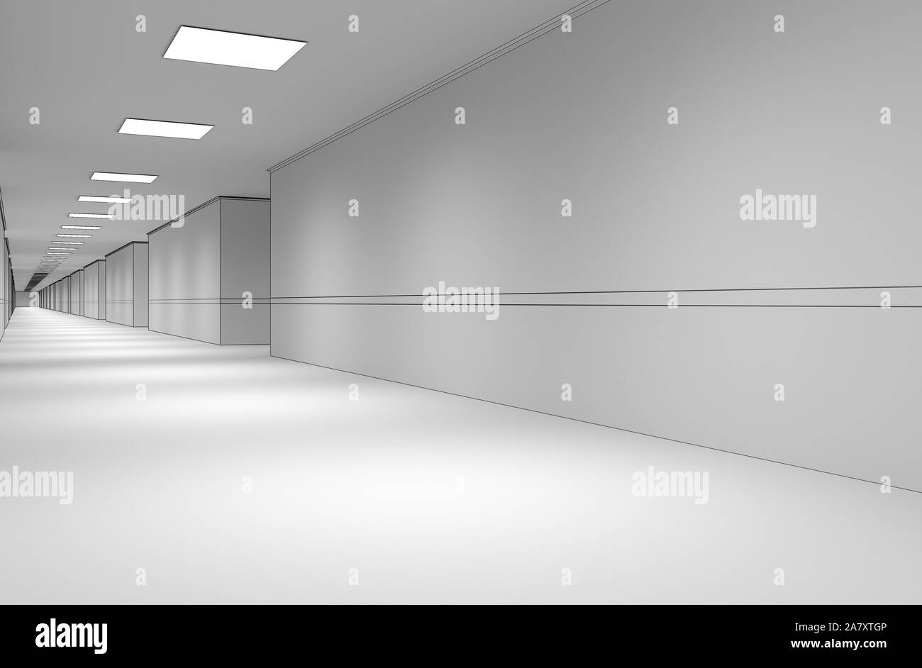 long corridor with doors, interior visualization, 3D illustration Stock ...