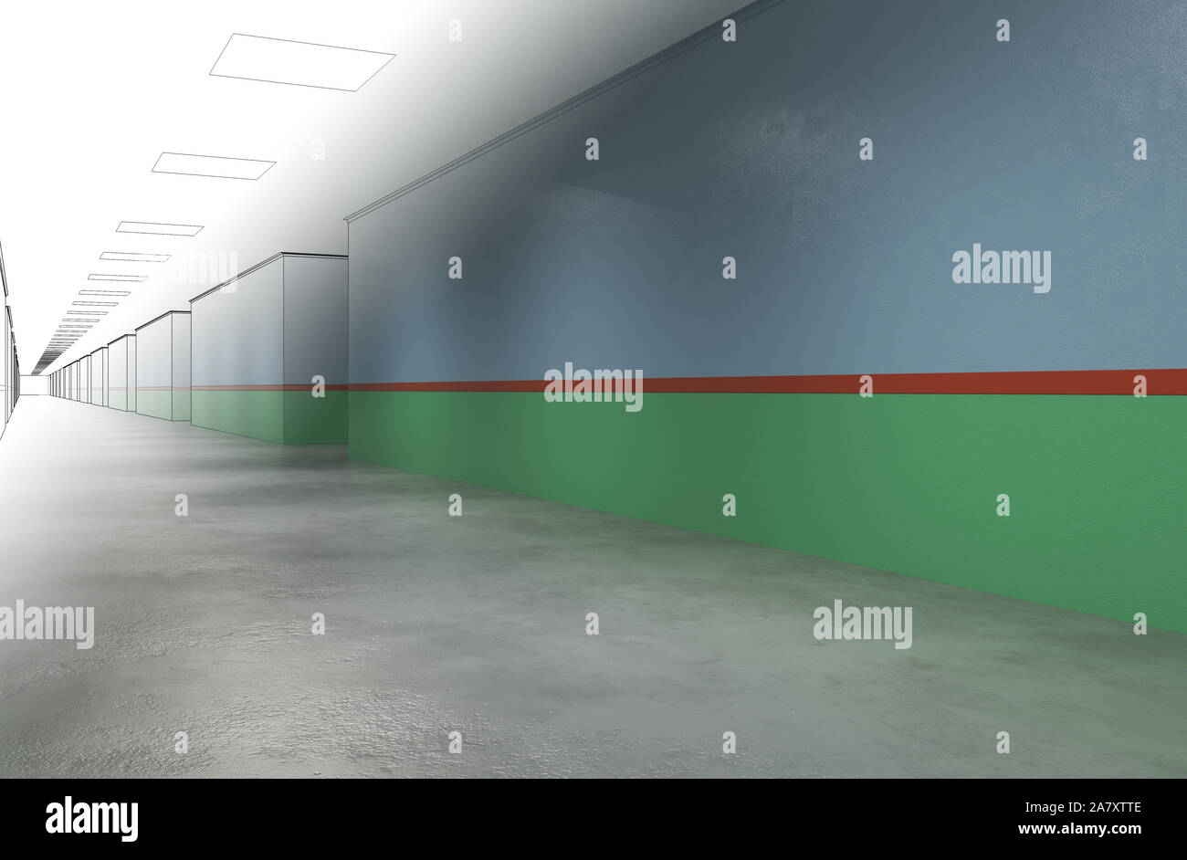 long corridor with doors, interior visualization, 3D illustration Stock ...