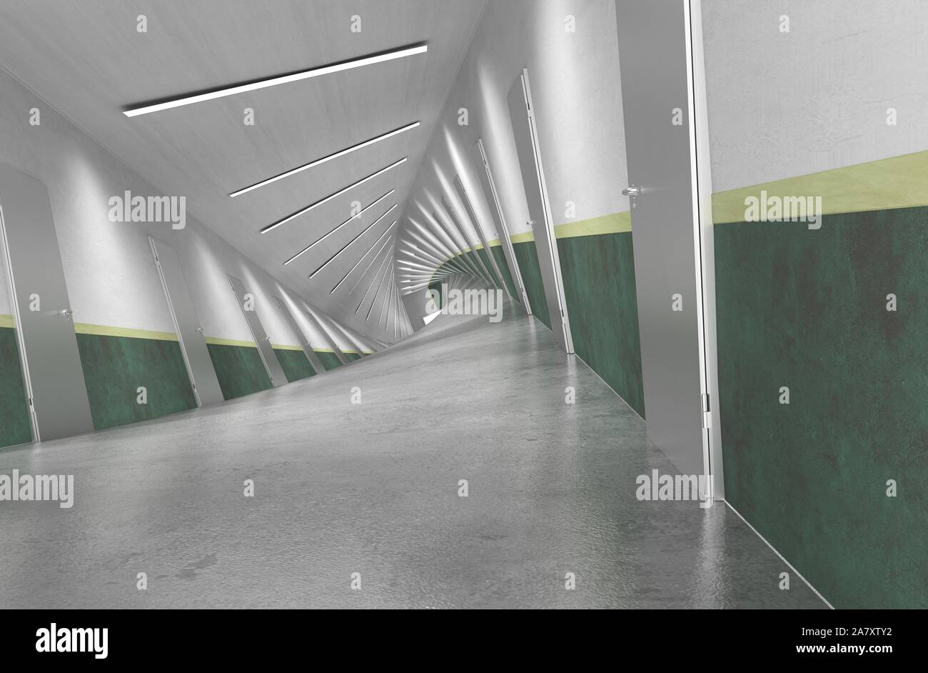 long corridor with doors, interior visualization, 3D illustration Stock ...