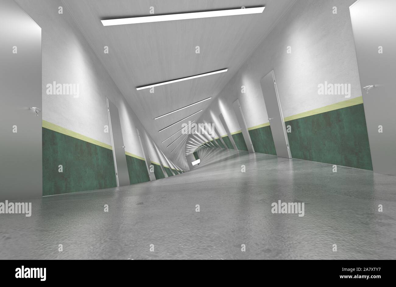 long corridor with doors, interior visualization, 3D illustration Stock ...