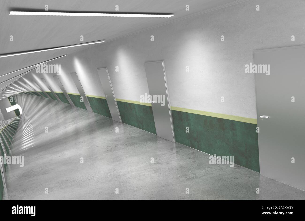 long corridor with doors, interior visualization, 3D illustration Stock ...
