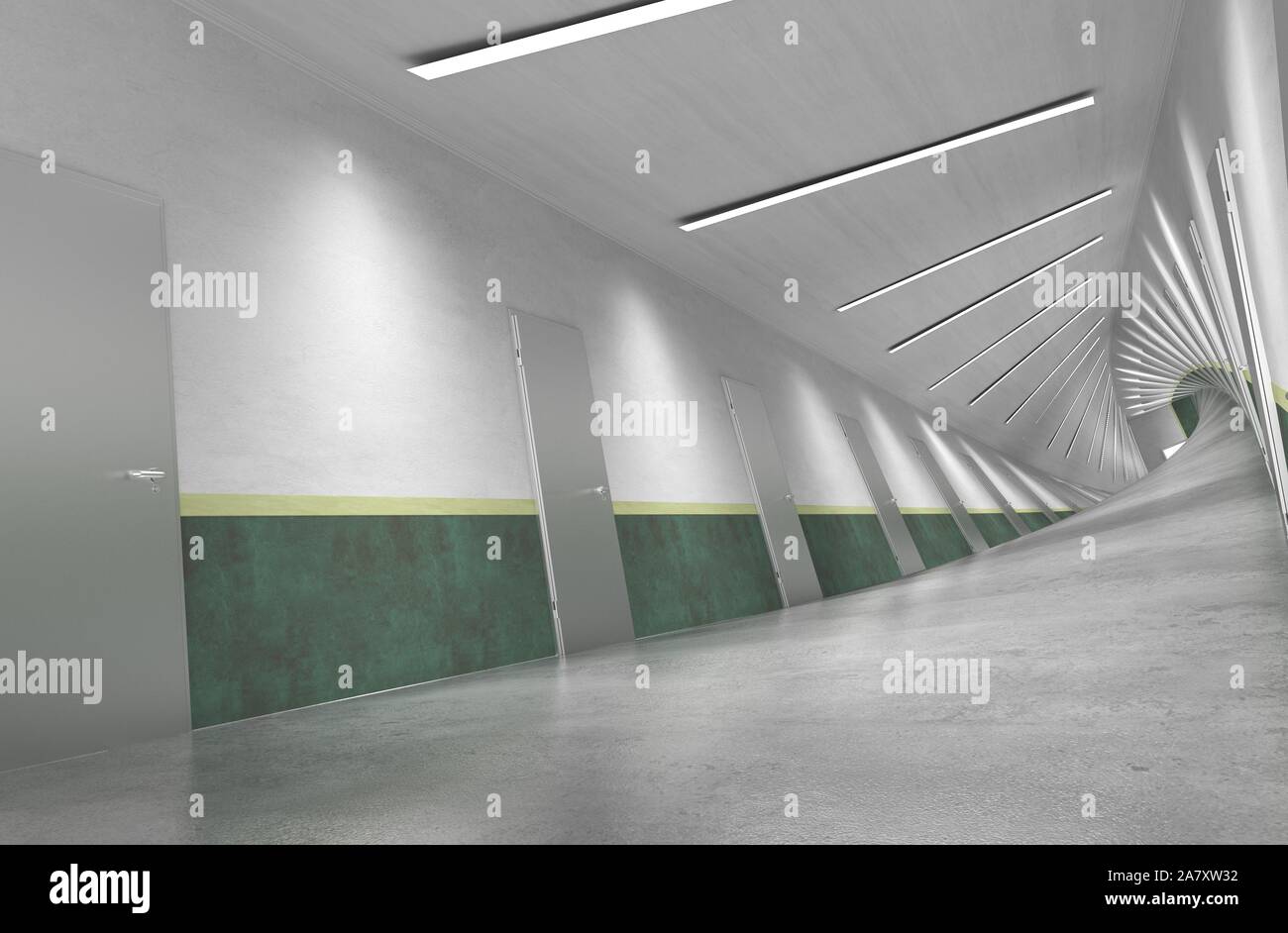 long corridor with doors, interior visualization, 3D illustration Stock ...