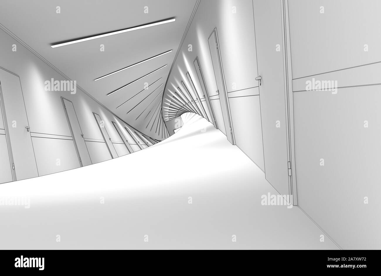 long corridor with doors, interior visualization, 3D illustration Stock ...