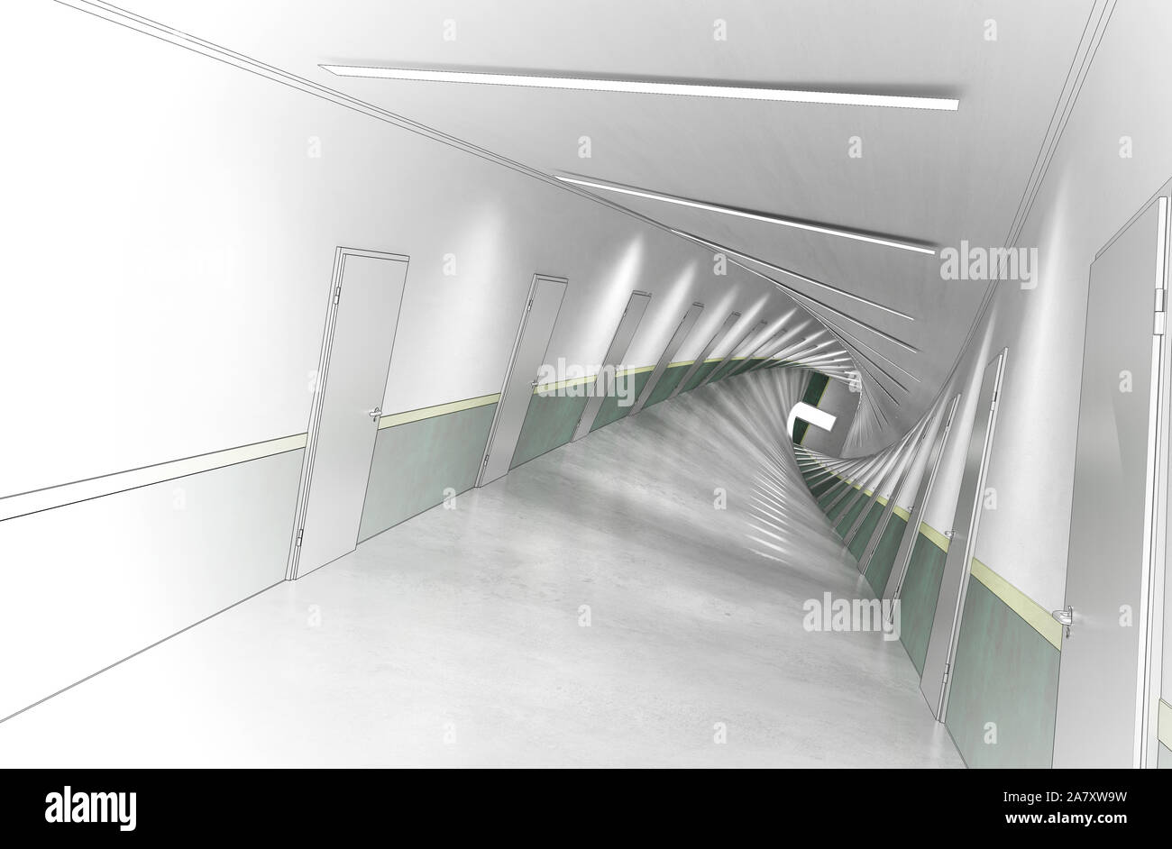 long corridor with doors, interior visualization, 3D illustration Stock ...