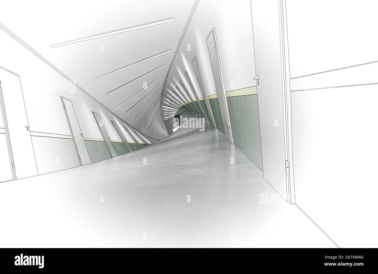long corridor with doors, interior visualization, 3D illustration Stock ...