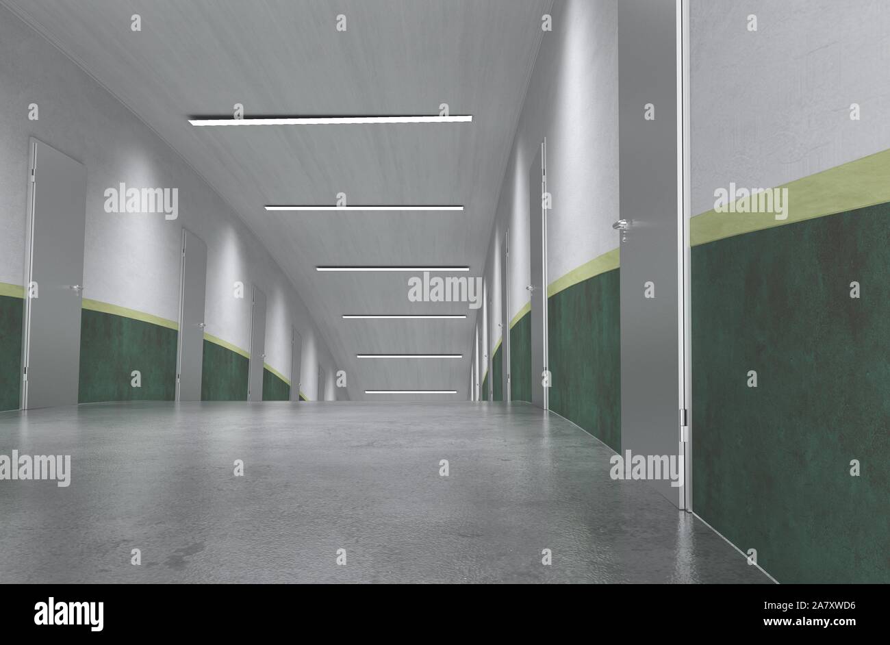 long corridor with doors, interior visualization, 3D illustration Stock ...