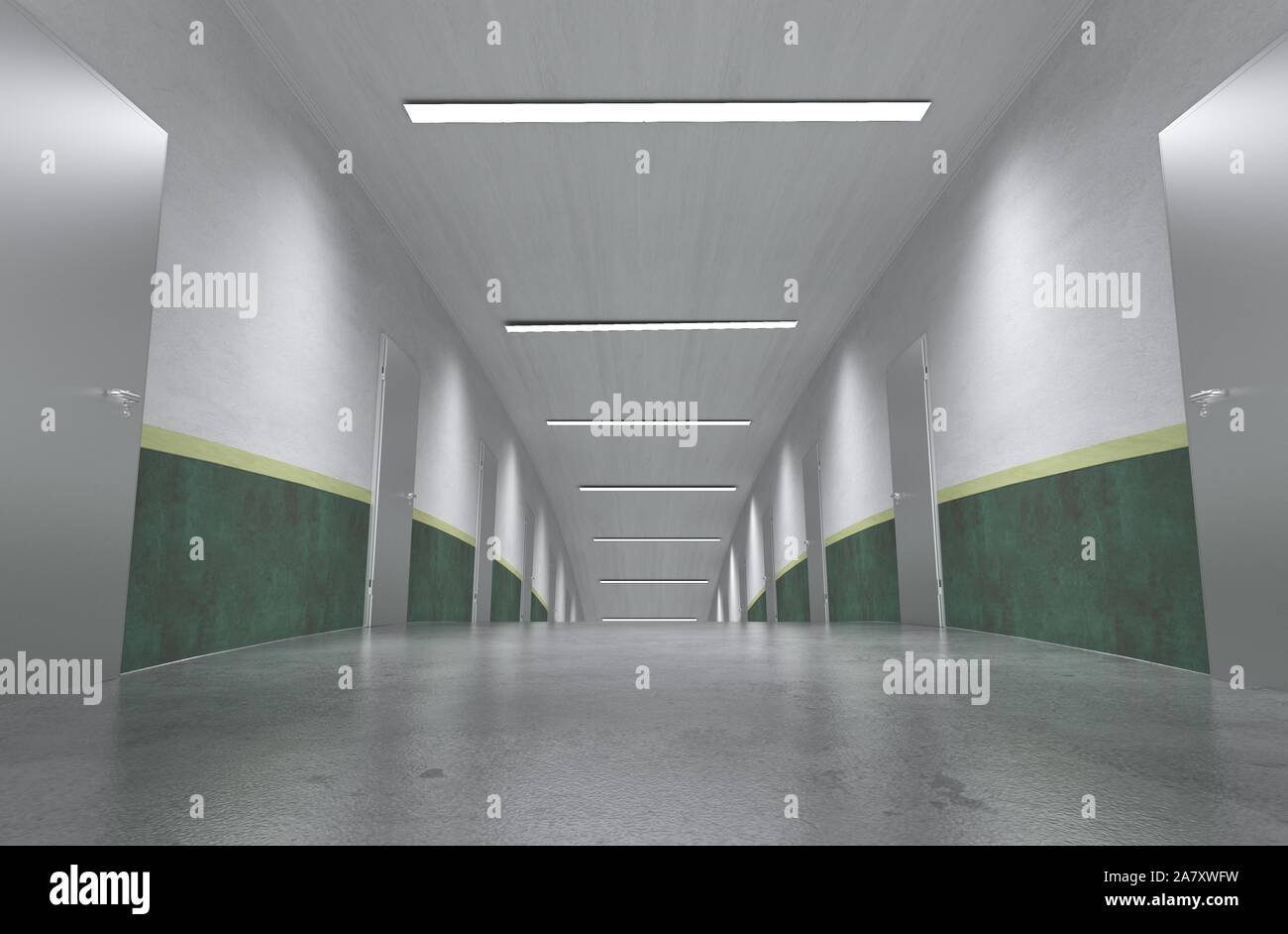 long corridor with doors, interior visualization, 3D illustration Stock ...