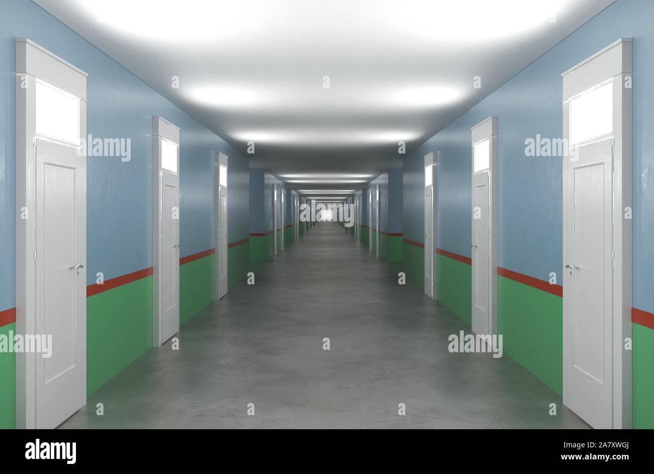 long corridor with doors, interior visualization, 3D illustration Stock ...