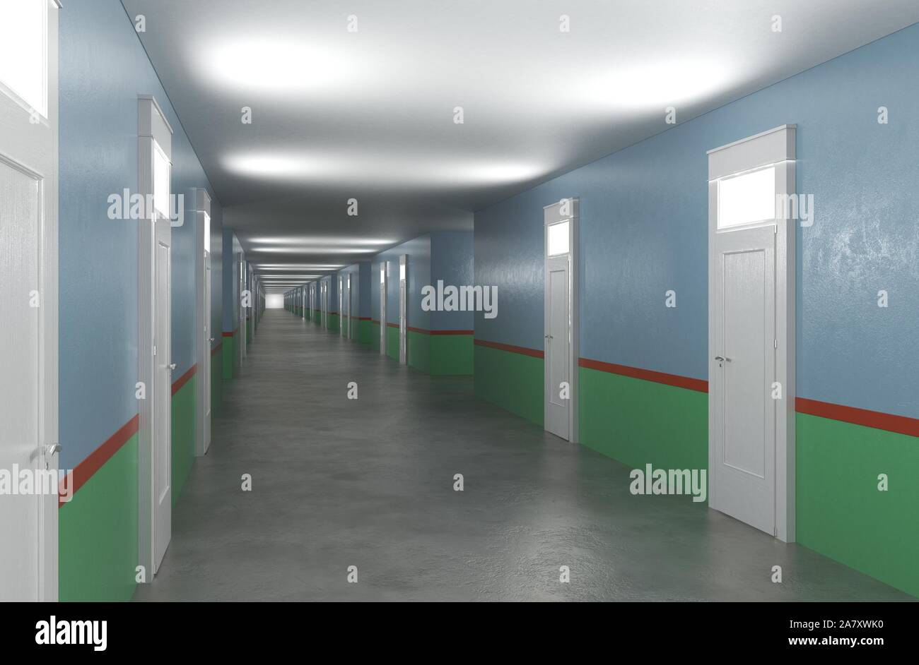 long corridor with doors, interior visualization, 3D illustration Stock ...